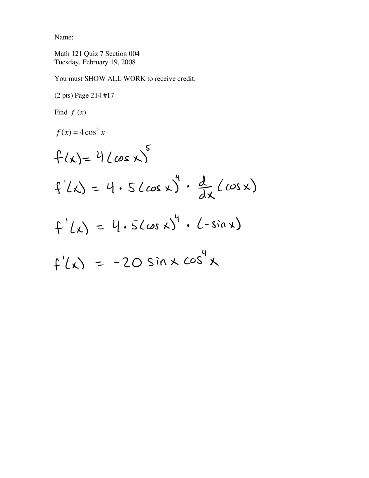 Math 121 Quiz 7 Section 004 - Problems and Solutions - Prof. Daryl L. Falco | Quizzes Calculus ...