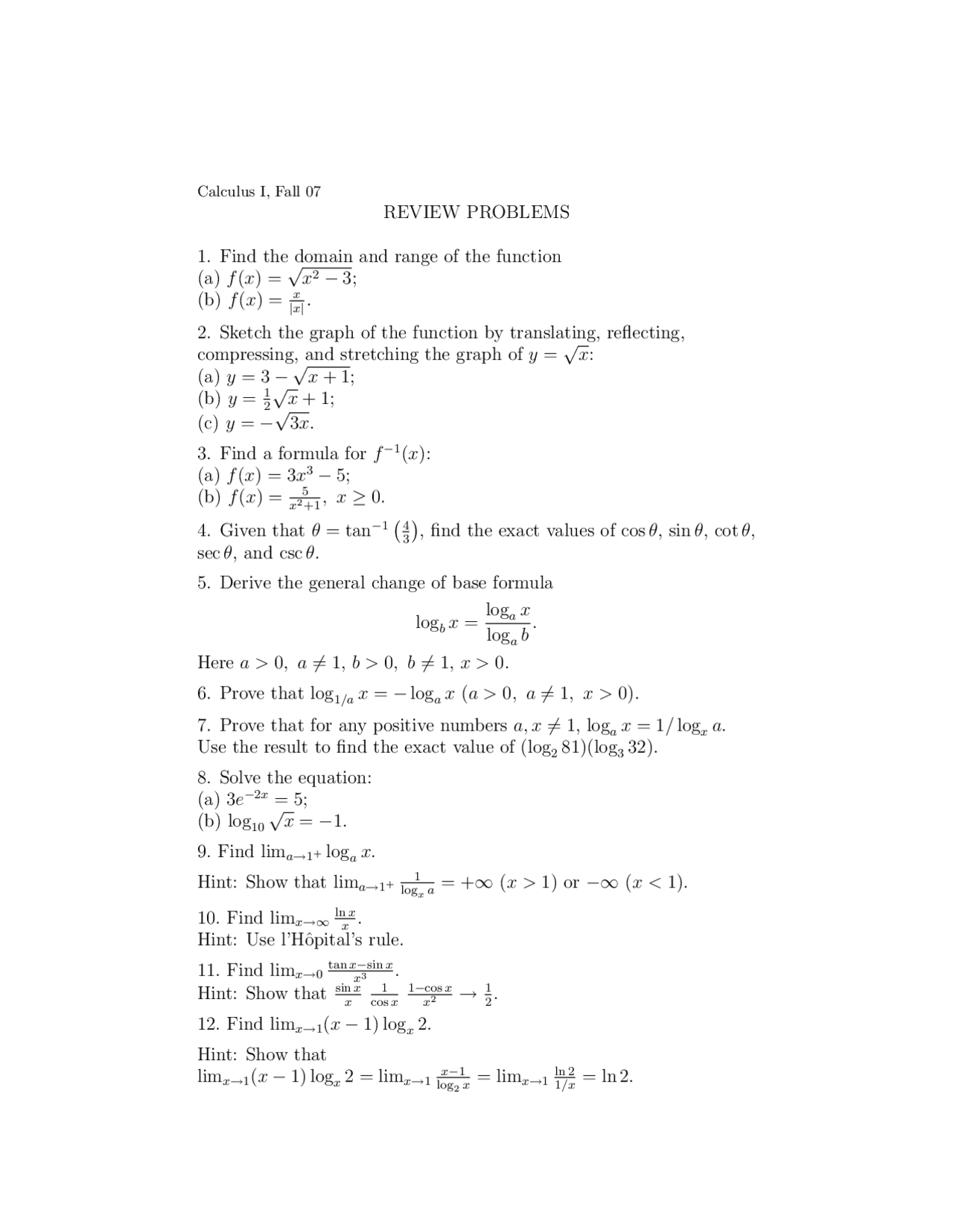 Review Problems Sheet - Calculus I - Fall 2007 | MATH 121 - Docsity