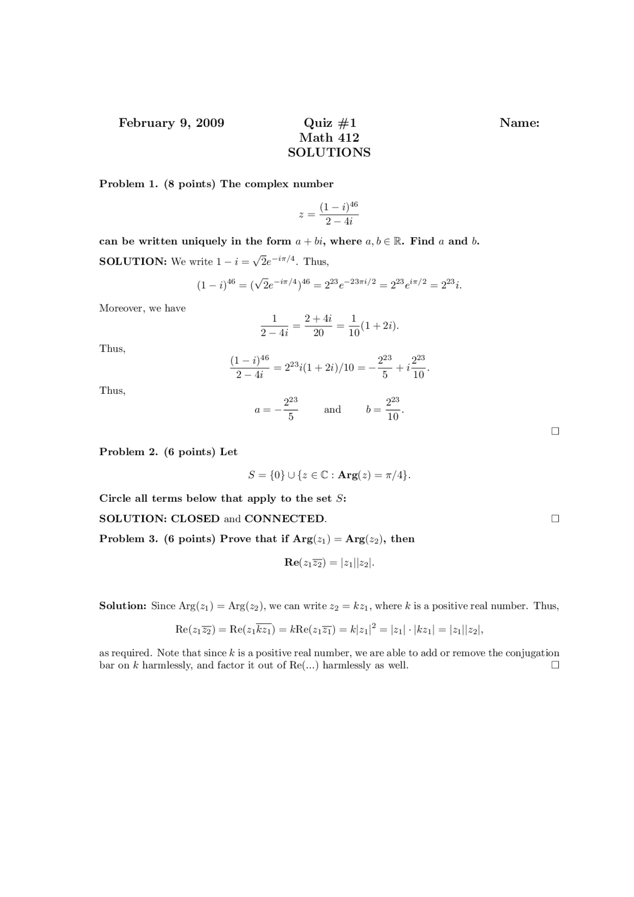 Quiz 1 With Solution For Complex Analysis Math 412 Docsity