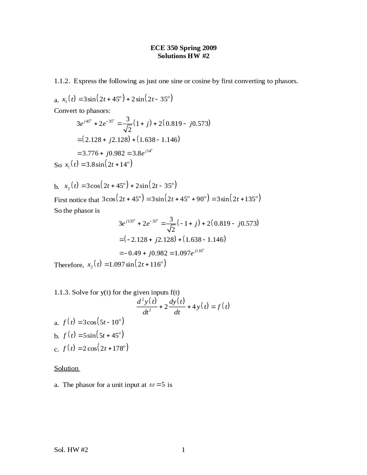 Signals And Systems I Assignment 2 Solved Questions Ece 350 Docsity