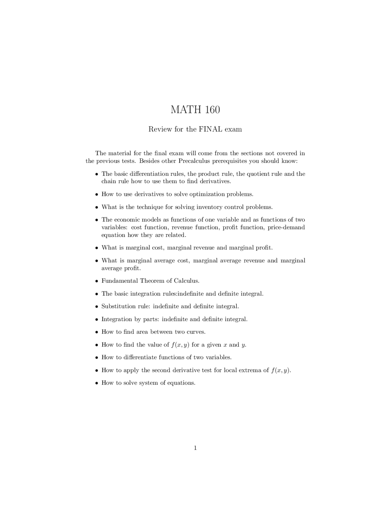 Review For Final Exam Survey Of Calculus Math 160 Docsity