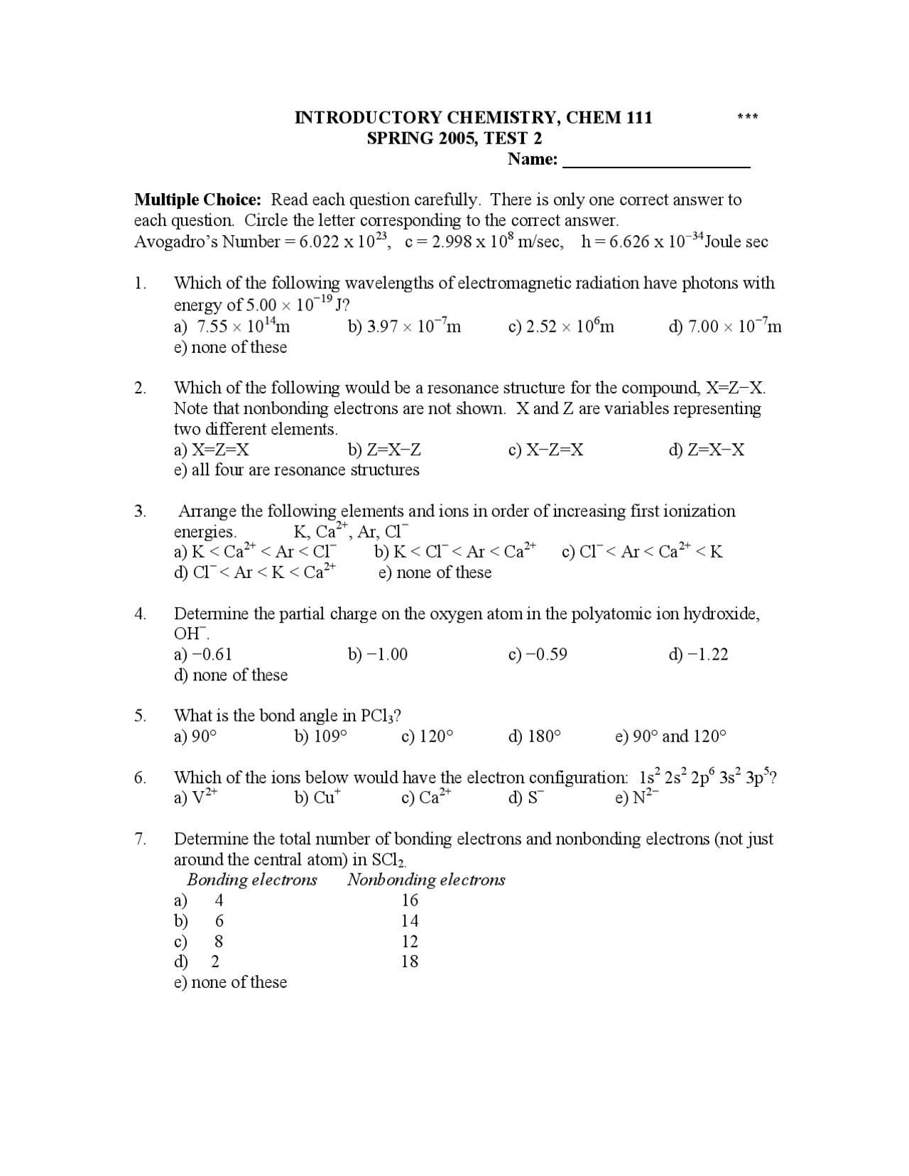 Practice Test 2 With Answer Key Introductory Chemistry I Chem 111