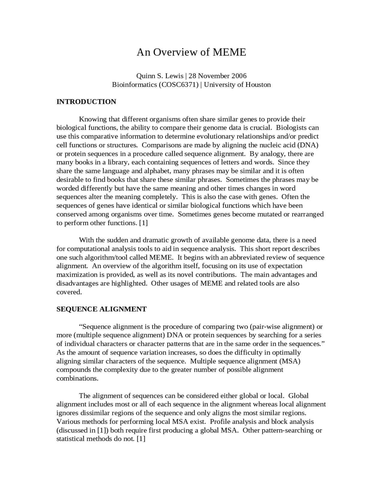 An Overview Of Meme Bioinformatics Review Sheet Cosc 6371 Docsity