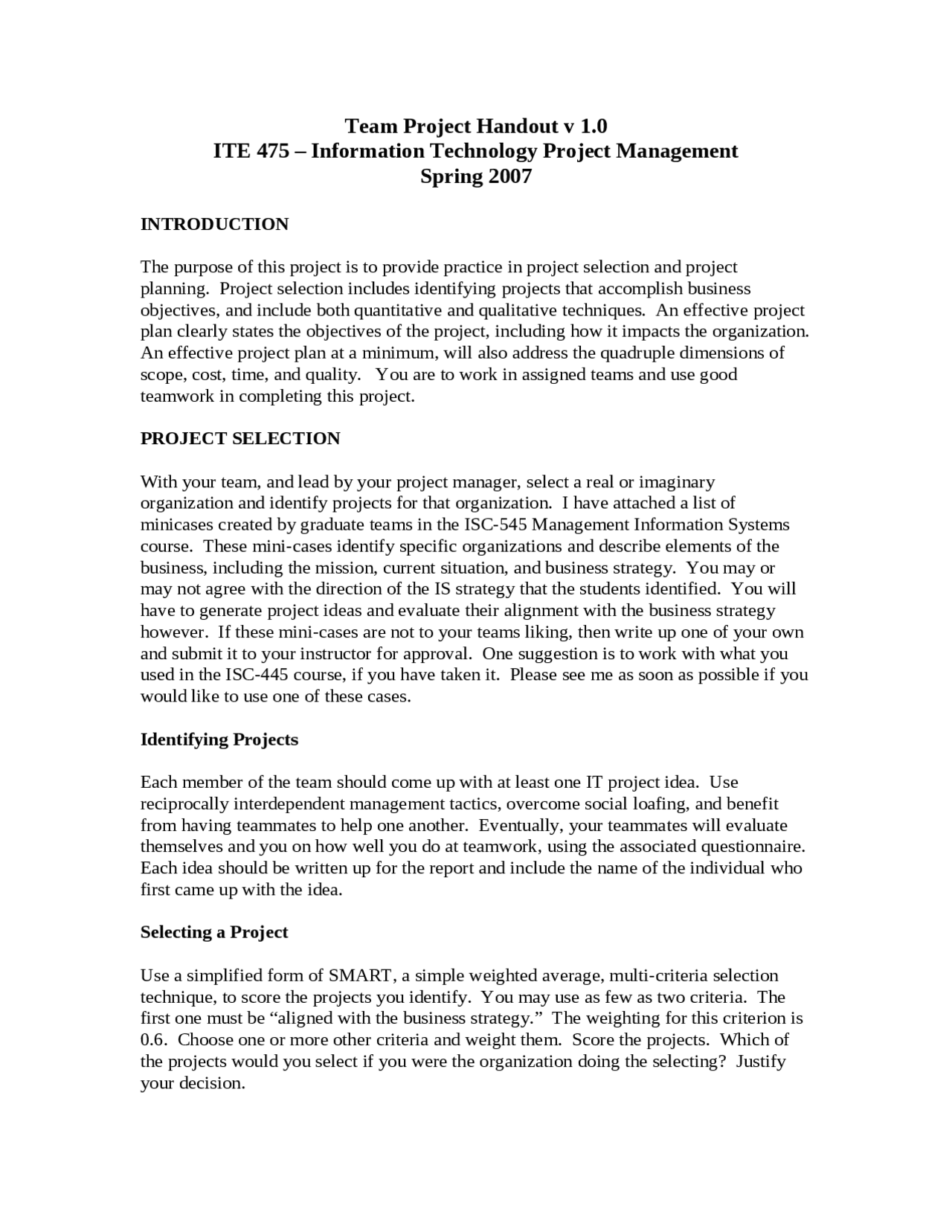 Team Project Handout - Information Technology Project Management | ITE ...