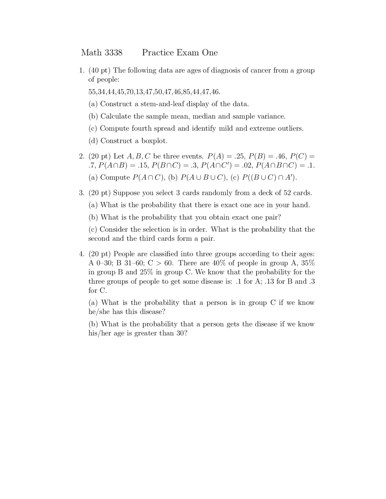 Practice Exam 1Questions - Probability | MATH 3338 - Docsity