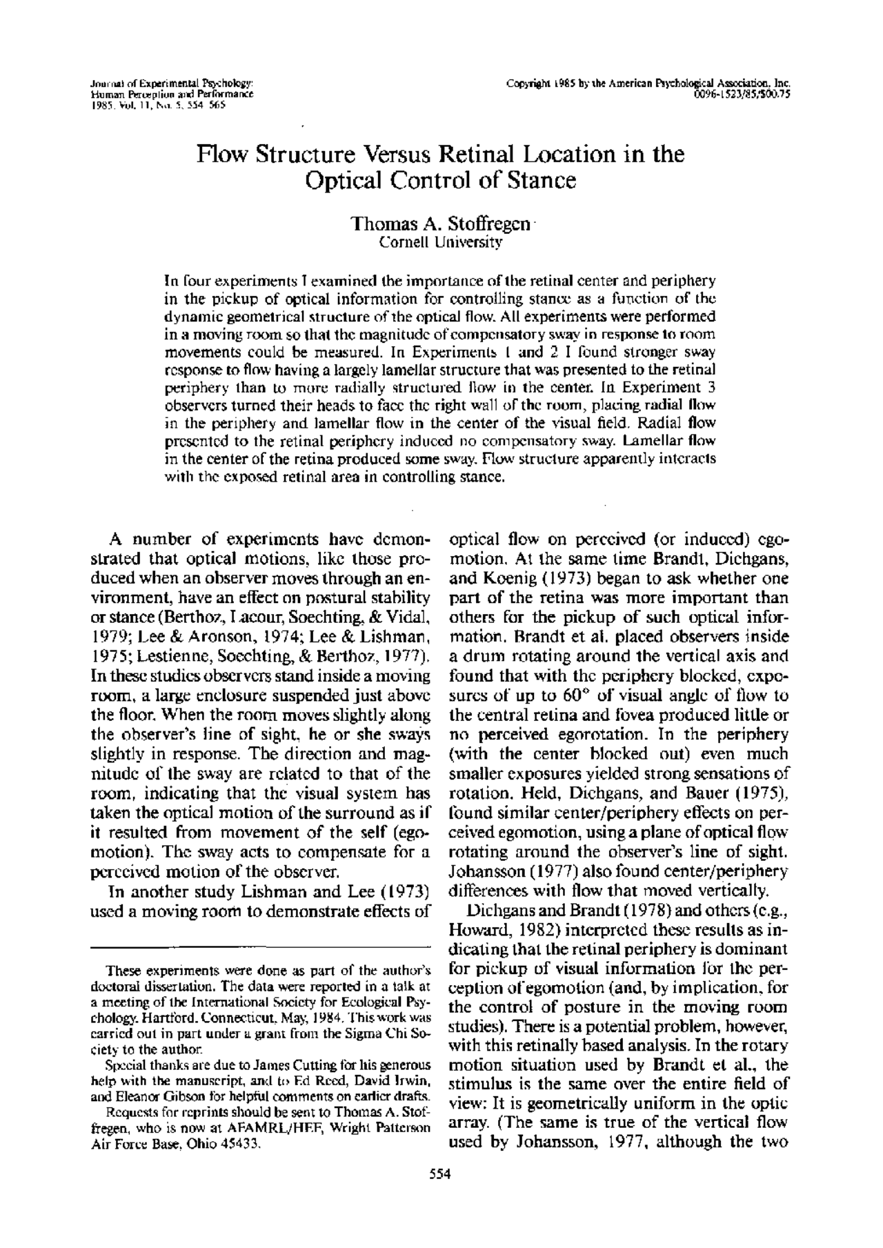 Flow Structure Versus Retinal Location in the Optical Control of Stance | PSYC 218 - Docsity