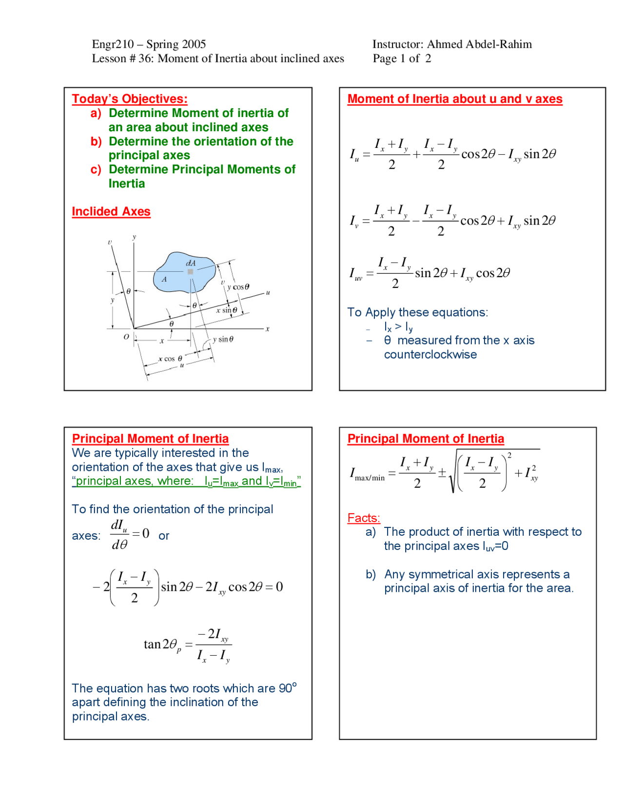 Moment Of Inertia About Inclined Axes Lecture Slides Engr 210