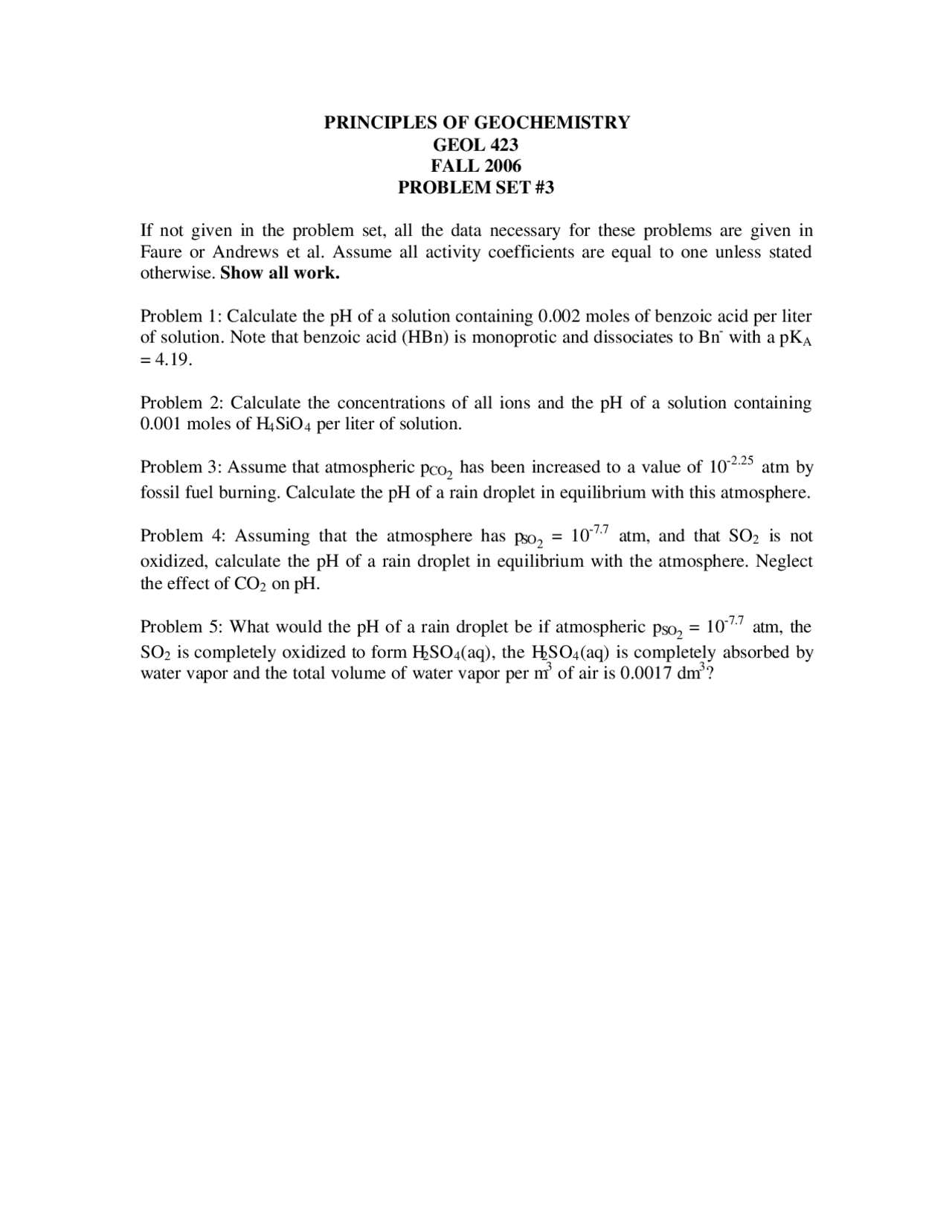 Problem Set 3 Principles Of Geochemistry Geol 423 Docsity