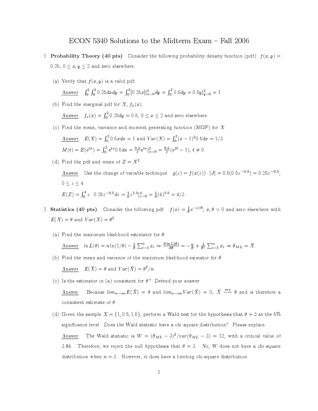 Midterm Exam With Solution Advanced Econometric Theory Econ 5350