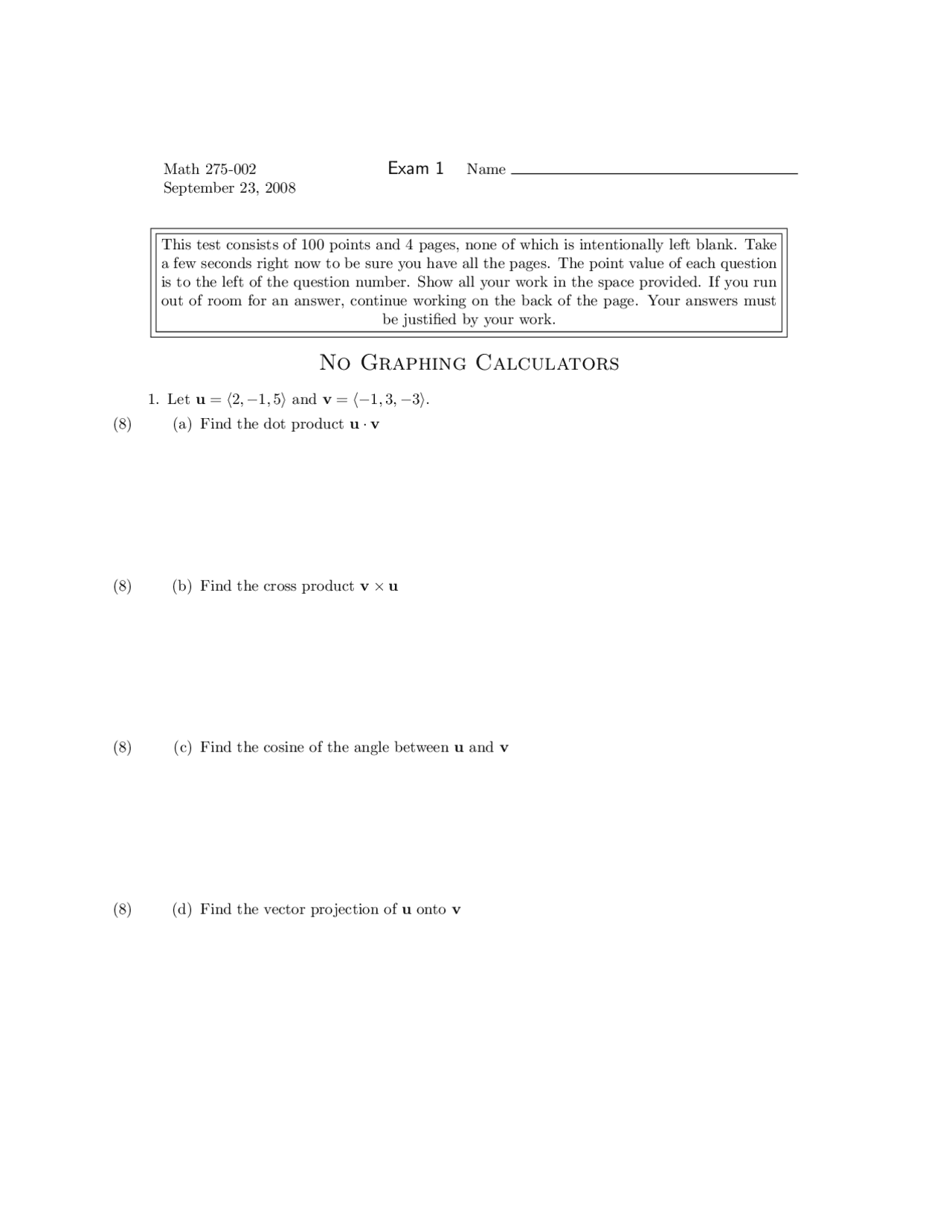 Examination 1 On Multivariable And Vector Calculus Math 275 Docsity