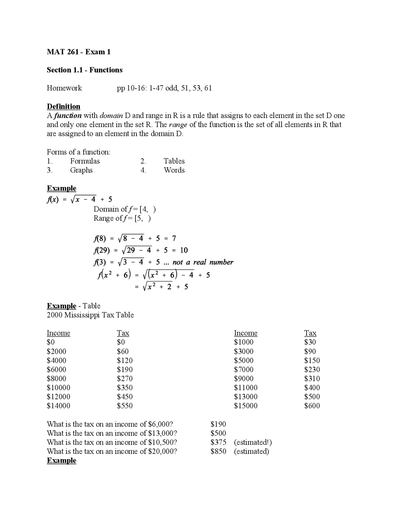A Functions Of Domain And Range Exam 1 Mat 261 Docsity