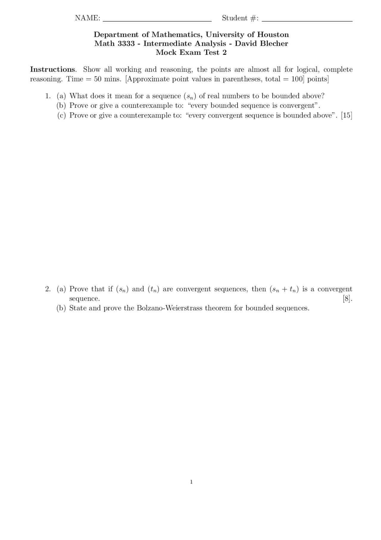 4 Questions In Mock Exam Test 2 Intermediate Analysis Math 3333
