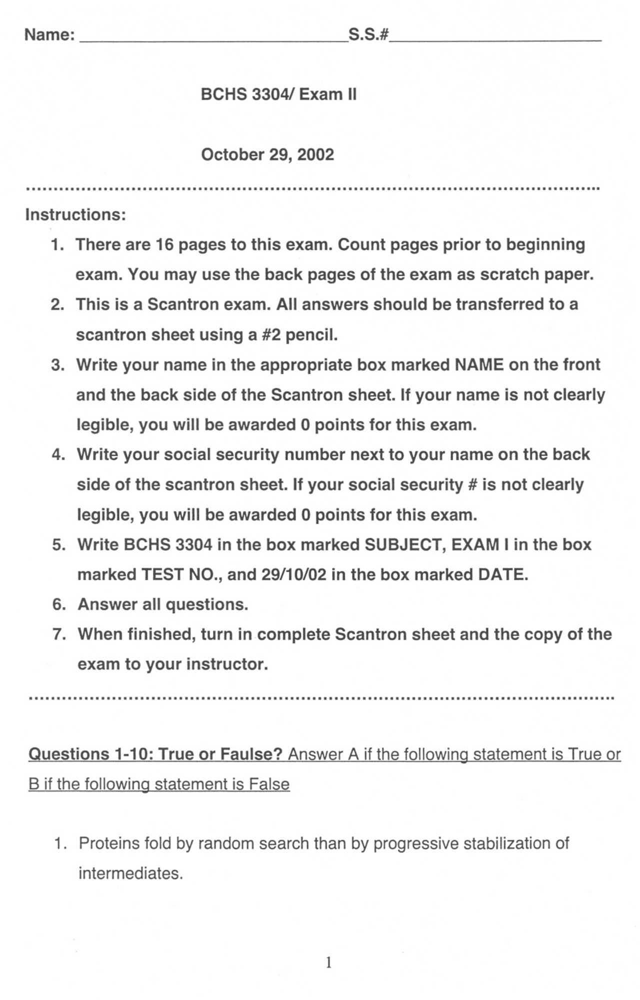 50 Questions On General Biochemistry I Exam Ii Bchs 3304 Docsity