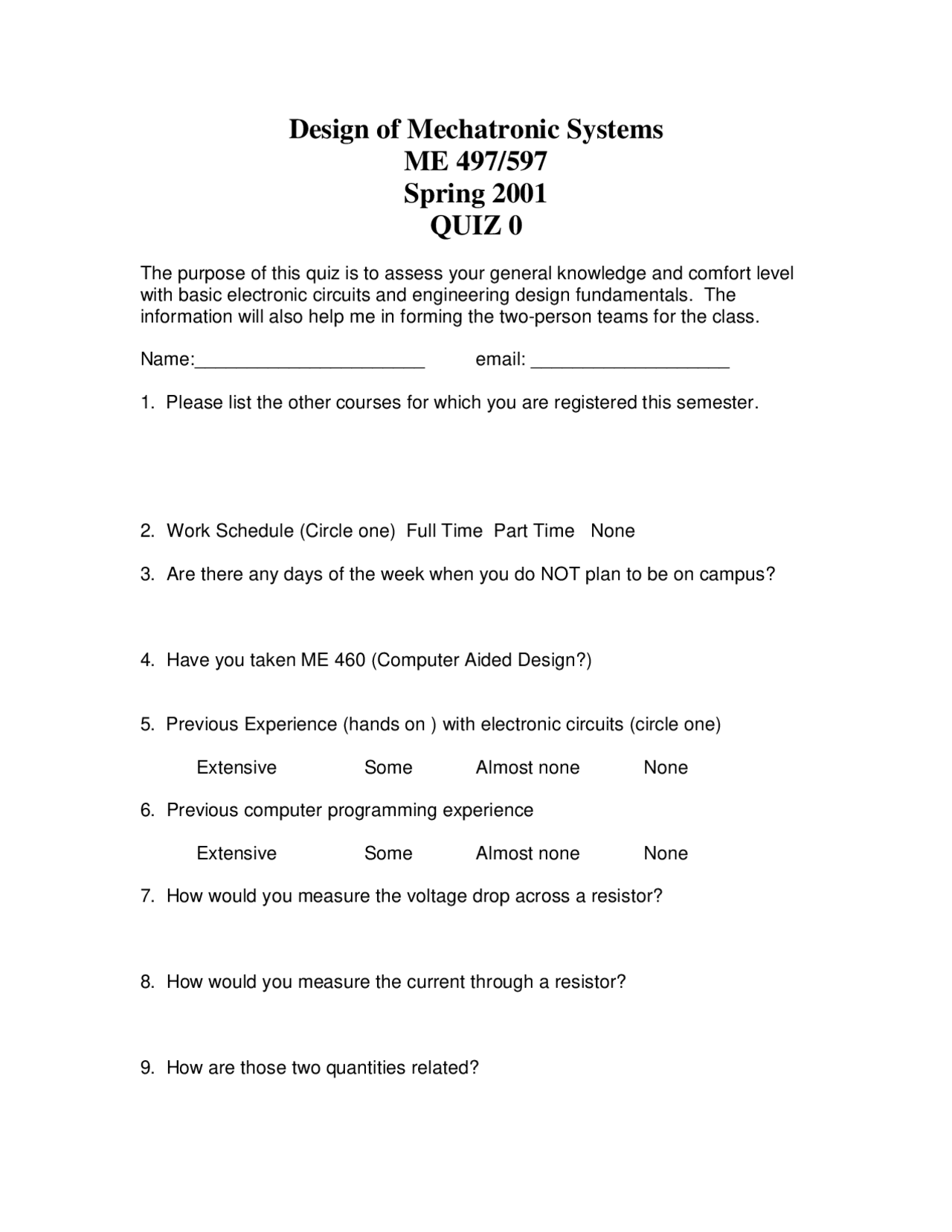 Quiz #1 Design of Mechatronic Systems | ME 497 - Docsity