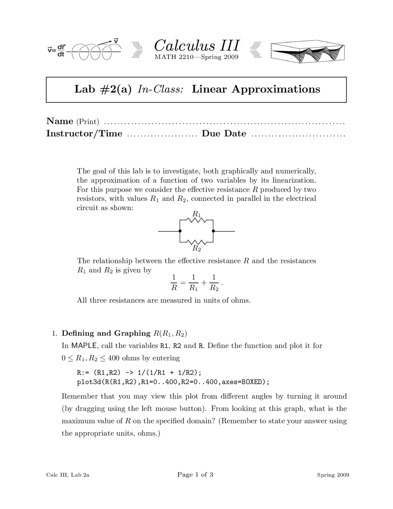 Lab2 Linear Approximations Calculus Iii Math 2210 Docsity
