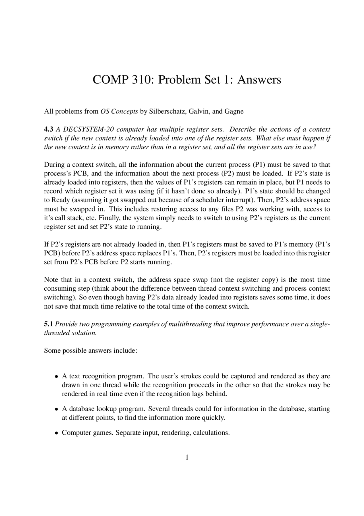 Solutions for Problem Set 1 - Operating Systems | COMP 310 - Docsity