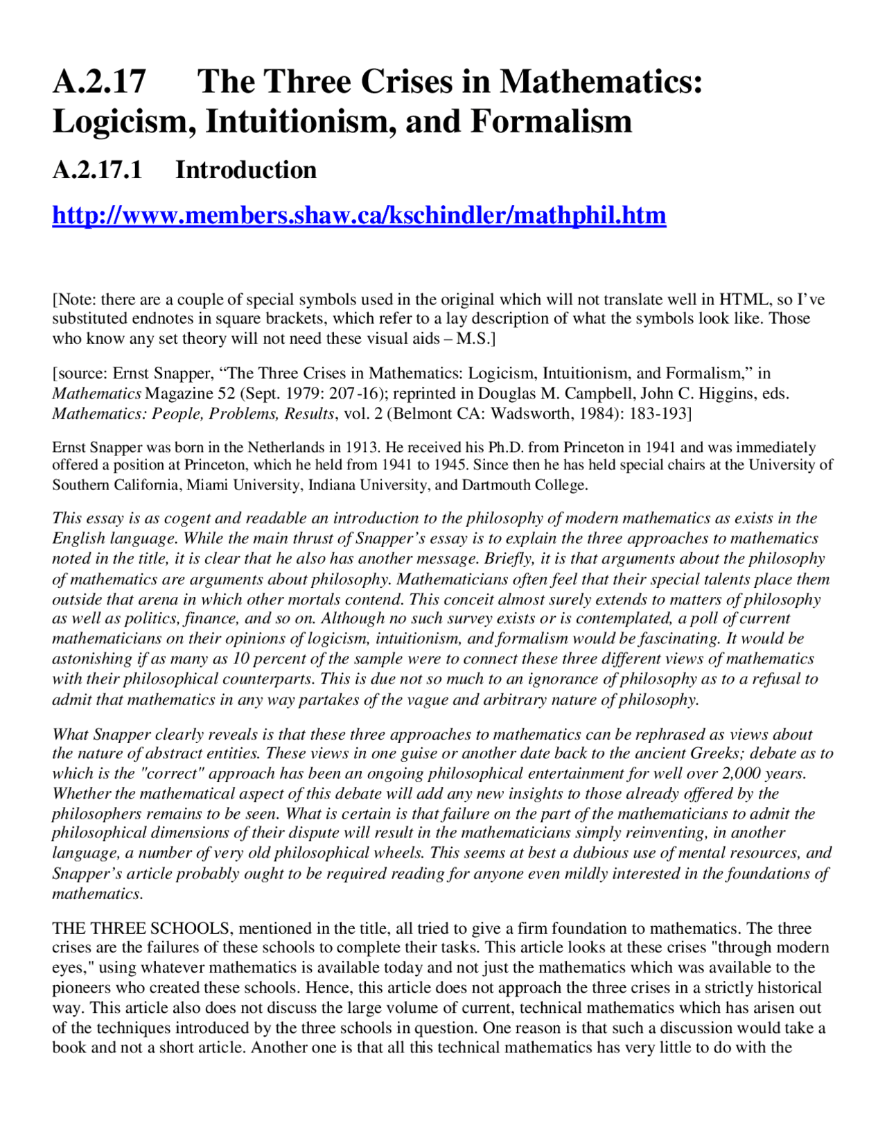 The Three Crises in Mathematics: Logicism, Intuitionism, and Formalism ...