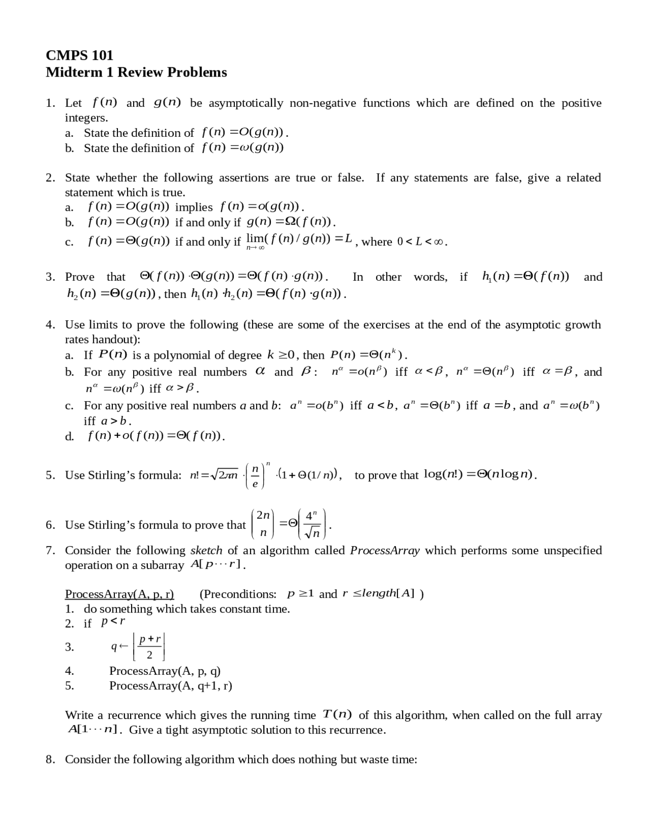 Midterm Exam 1 Review Problems Algorithms And Abstract Data Types Cmps 101 Docsity