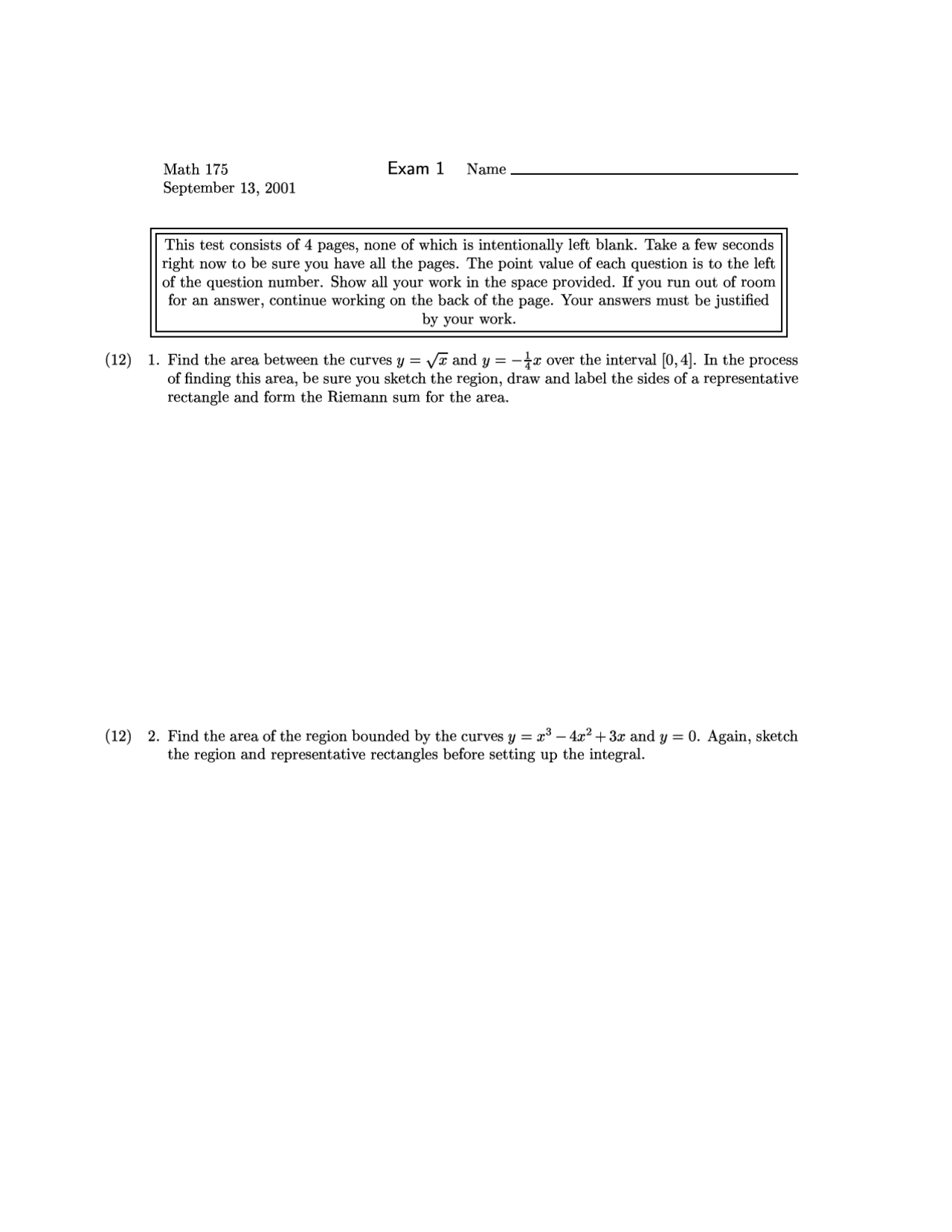 8 Questions On Calculus Ii Practice Examination 1 Math 175 Docsity