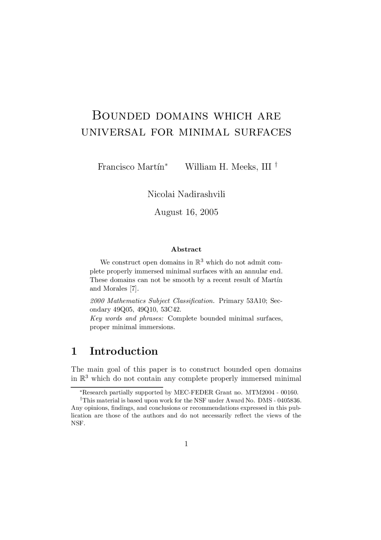 Bounded Domains Which are Universal for Minimal Surfaces | MATH 114 ...