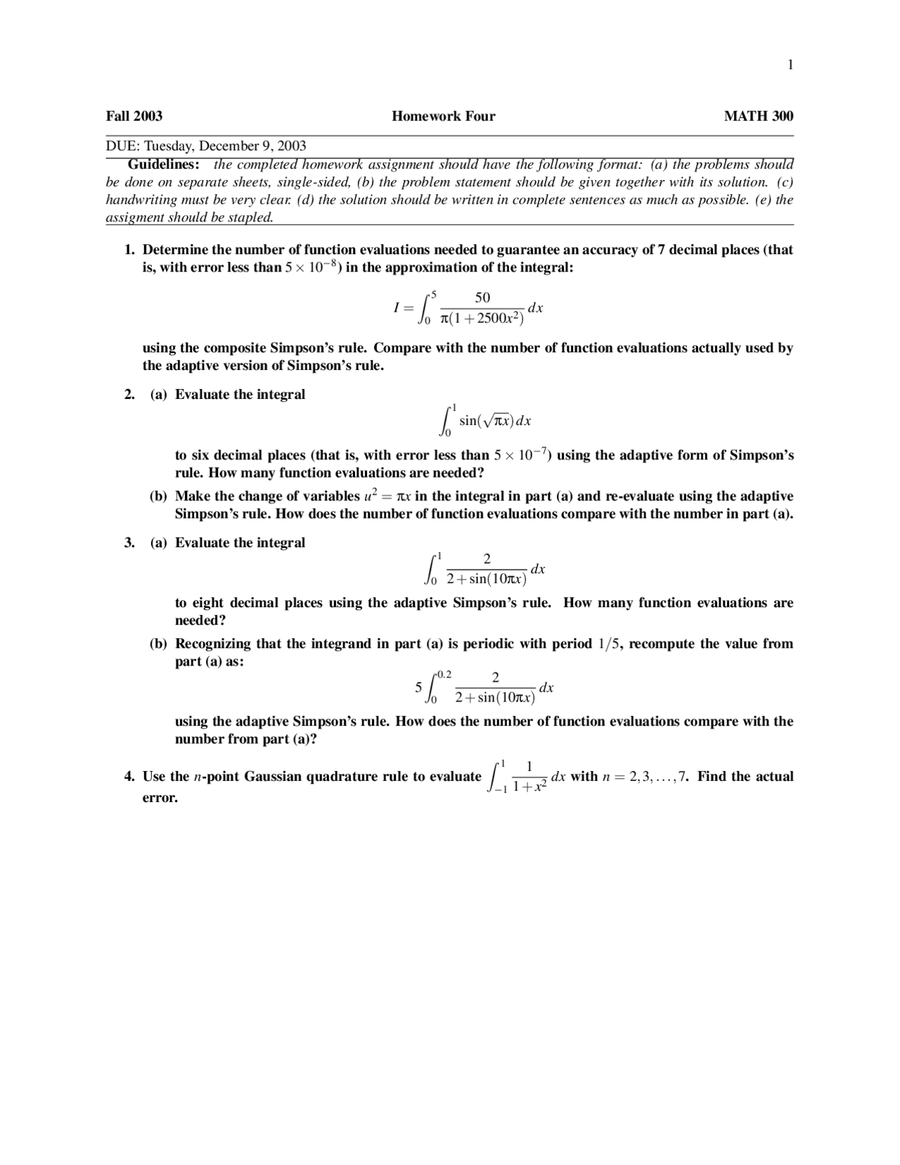 Homework 4 Numerical Analysis I 4 Questions Math 300 Docsity