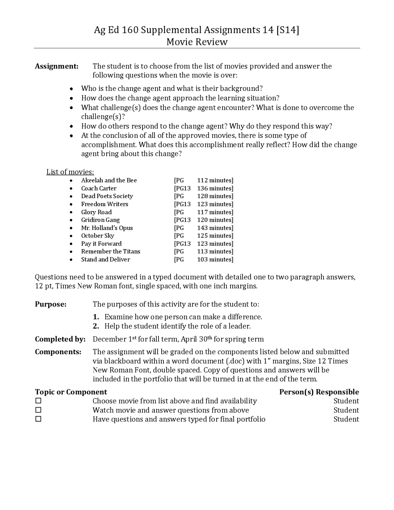 Movie Review Assignment for Ag Ed 160: Examining Change Agents in Films | Assignments History of ...