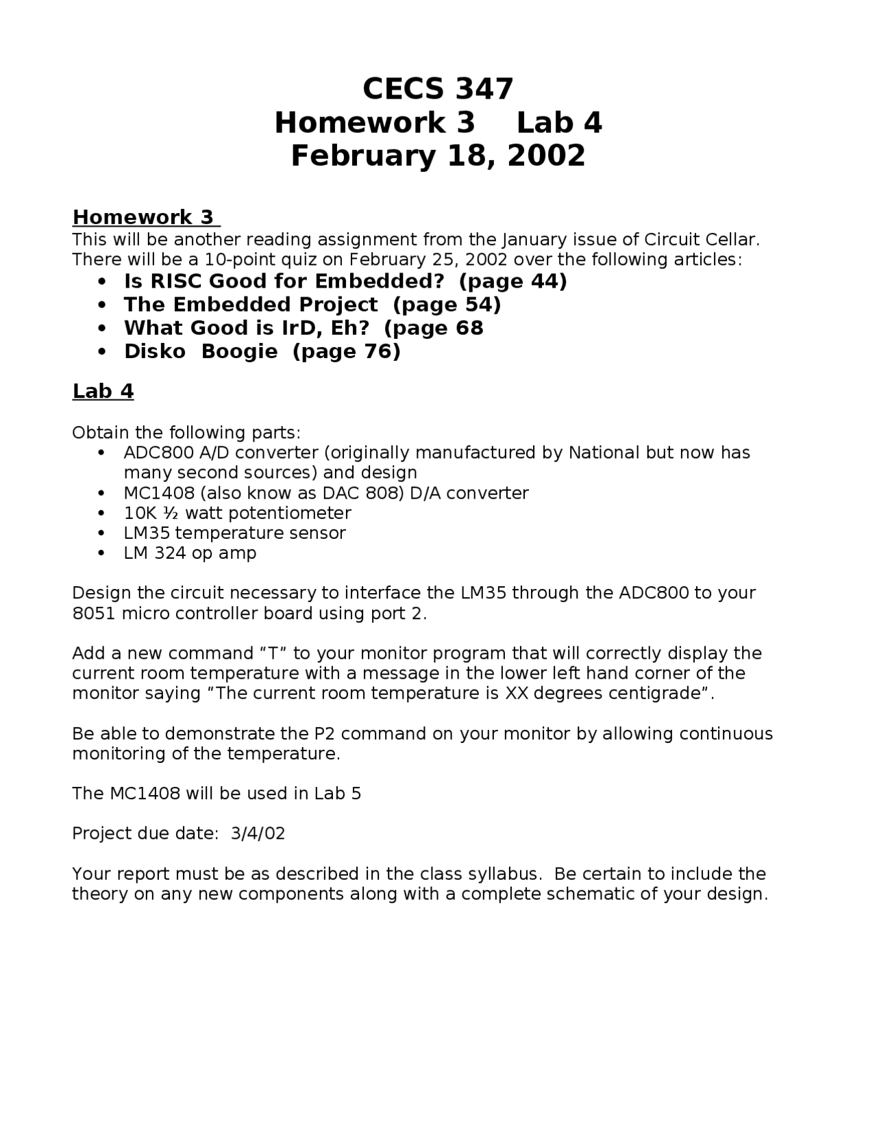 Homework 3 For Microprocessors And Controllers Ii Cecs 347 Docsity