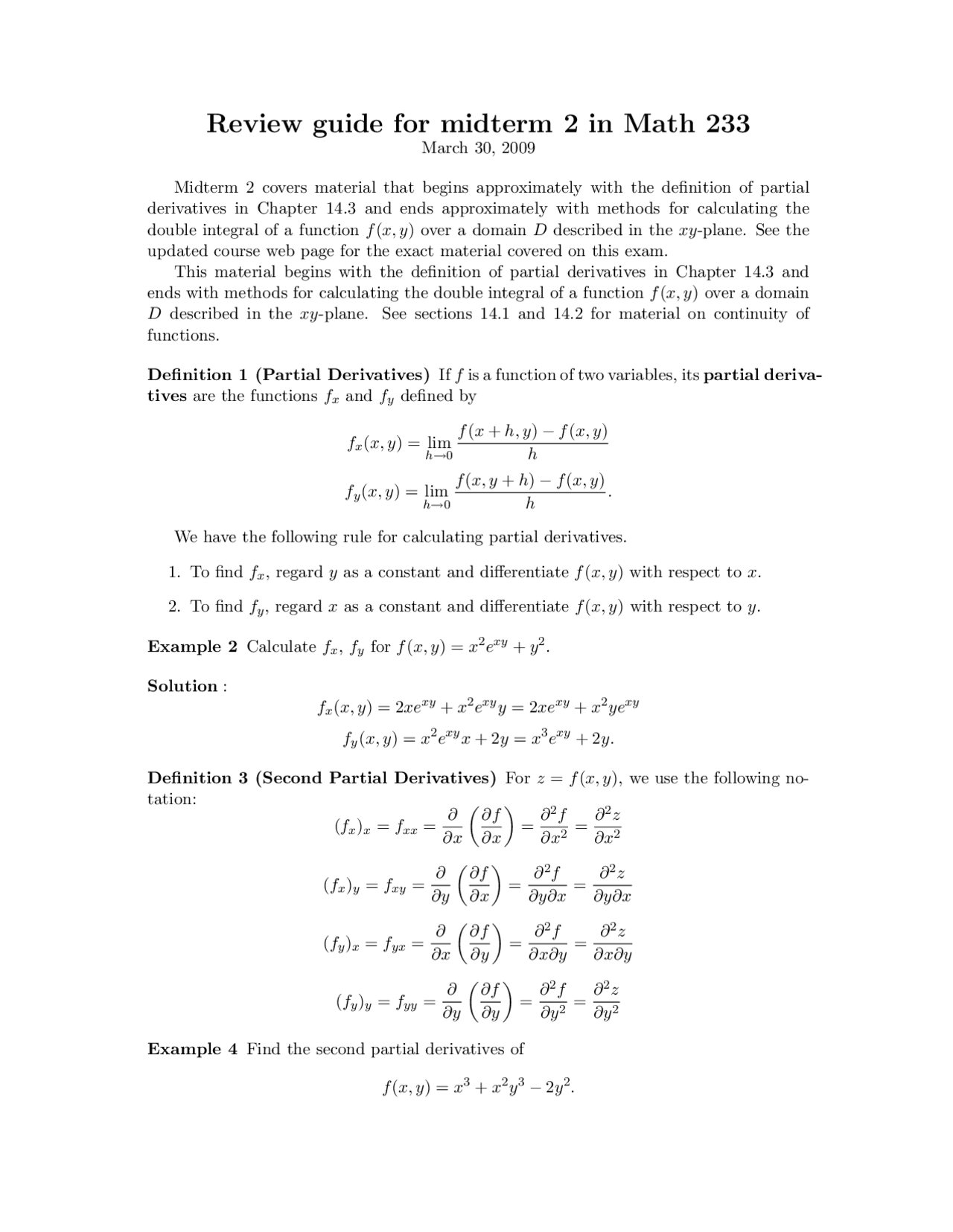 Review Guide For Midterm Exam 2 Multivariable Calculus Math 233