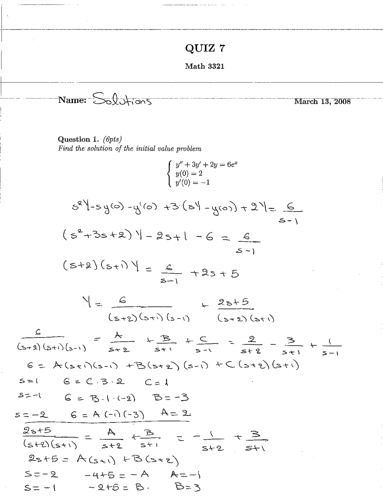 Solved Quiz 7 For Engineering Mathematics Math 3321 Docsity