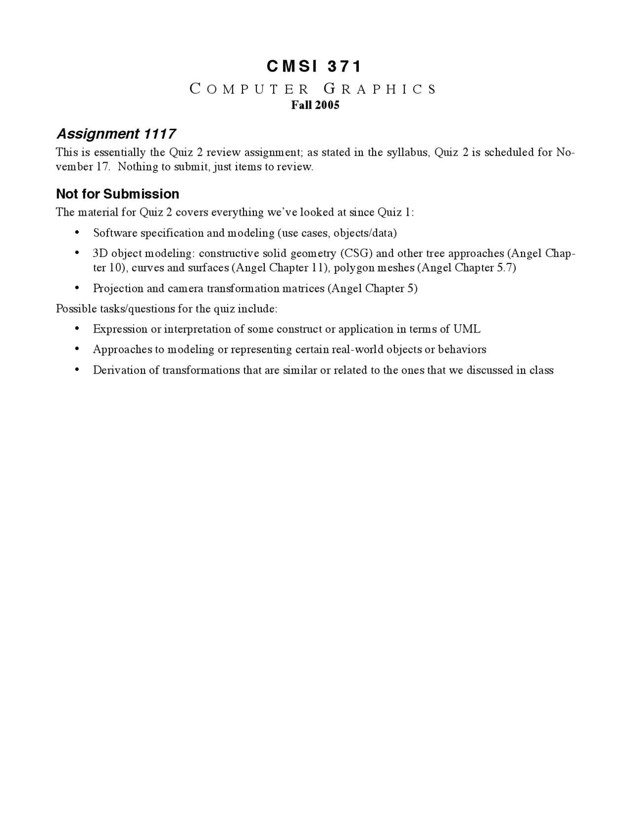 Assignment Questions For Computer Graphics Cmsi 371 Docsity