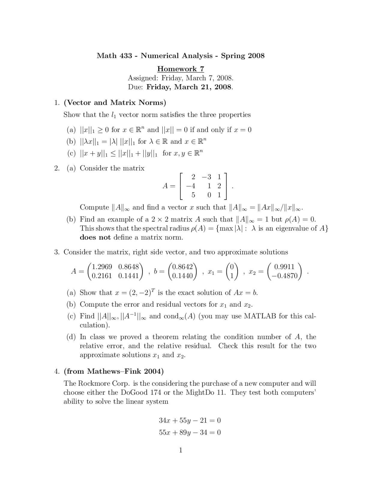 Homework 7 Problems For Numerical Analysis Math 433 Docsity