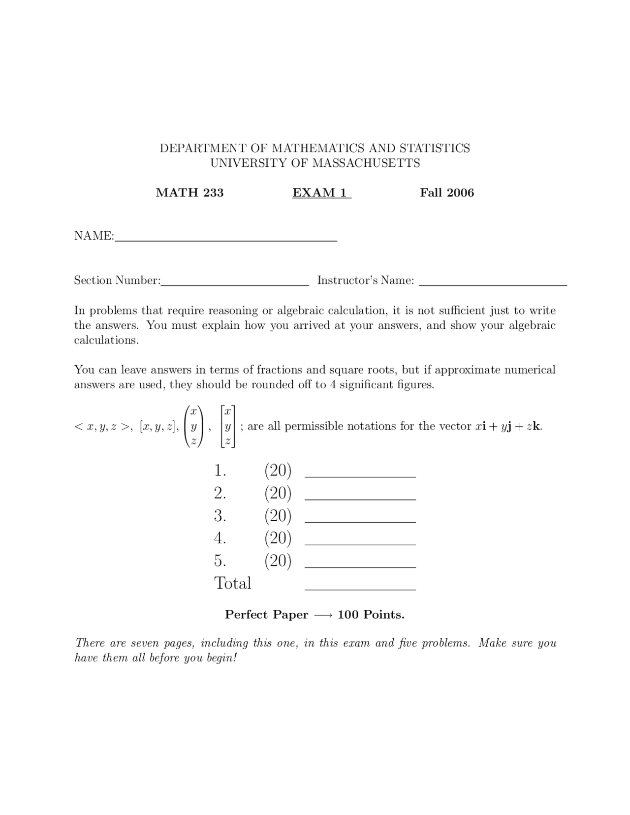 Exam 1 in MATH 233: Vector Calculus, University of Massachusetts, Fall ...
