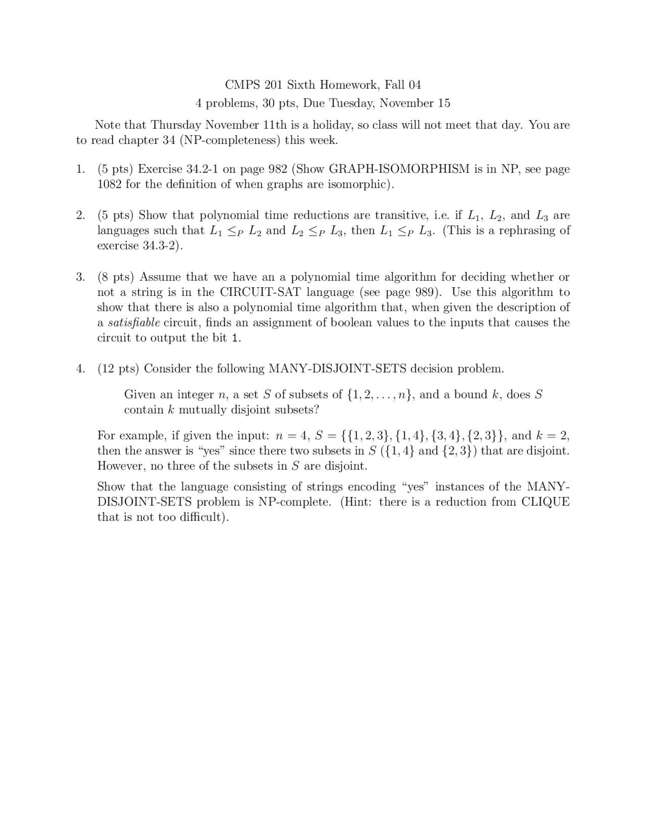 Cmps 201 Homework 6 Np Completeness Problems Assignments Algorithms