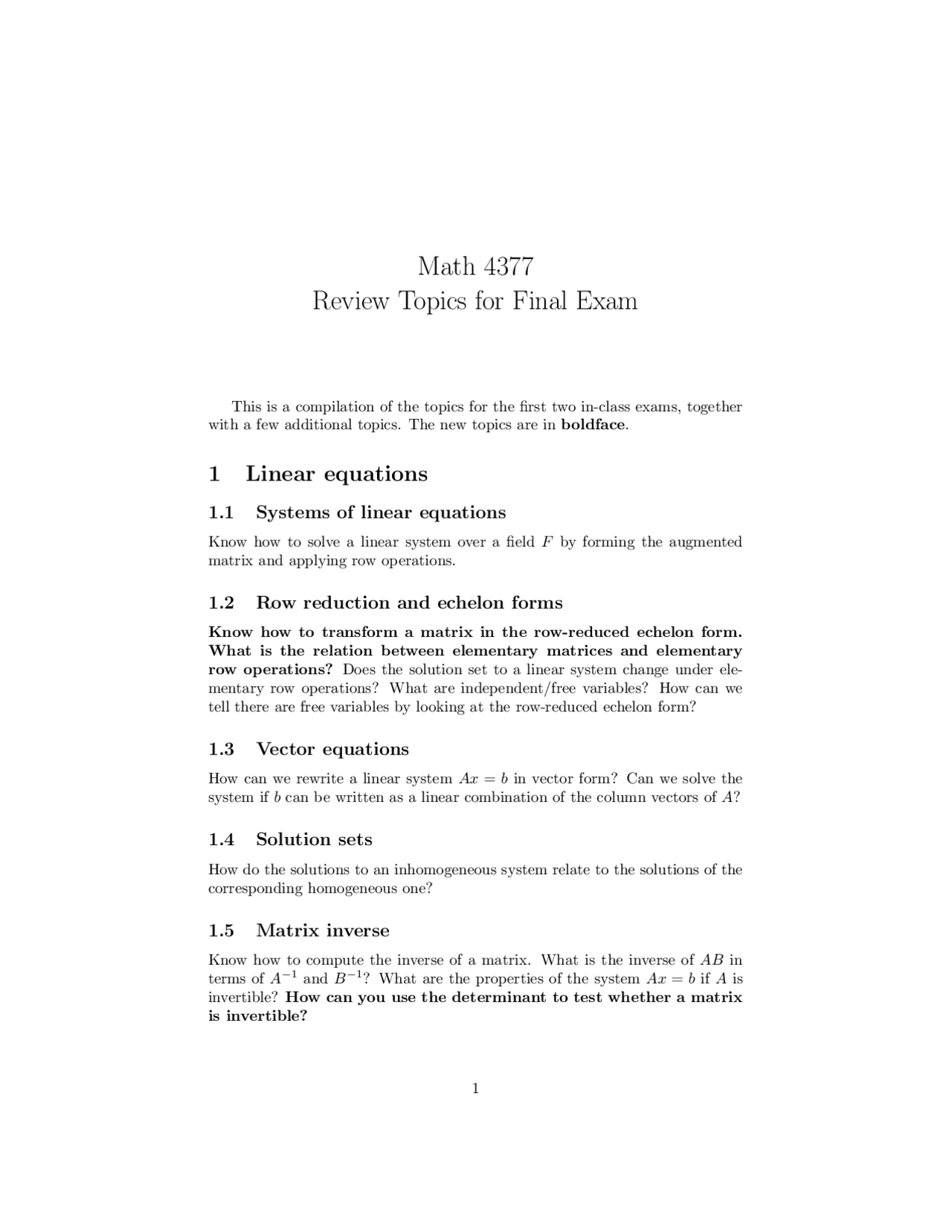 Linear Equation, Vector Space - Advanced Linear Algebra I | MATH 4377 ...