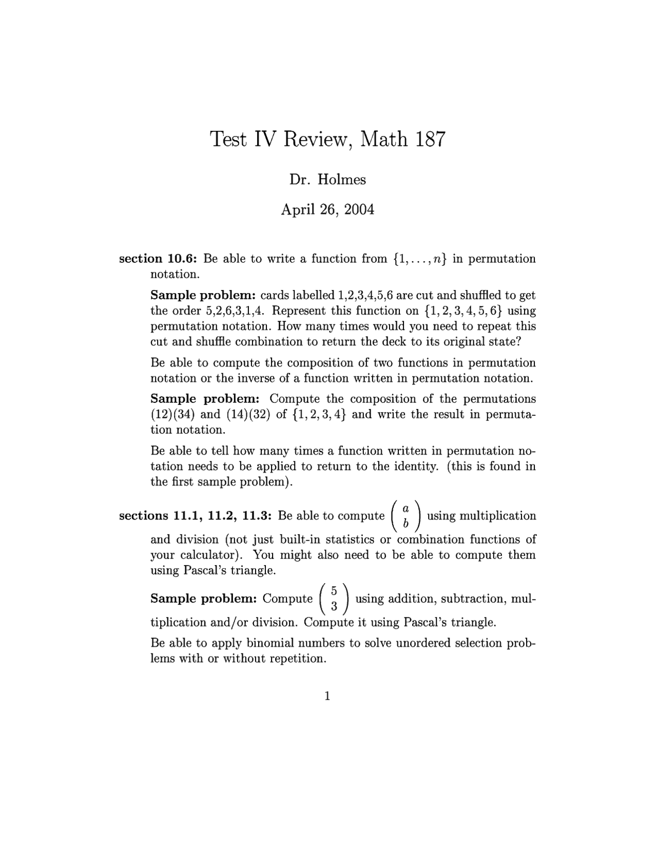 Exam 4 Sample Problems Discrete And Foundational Mathematics I Math