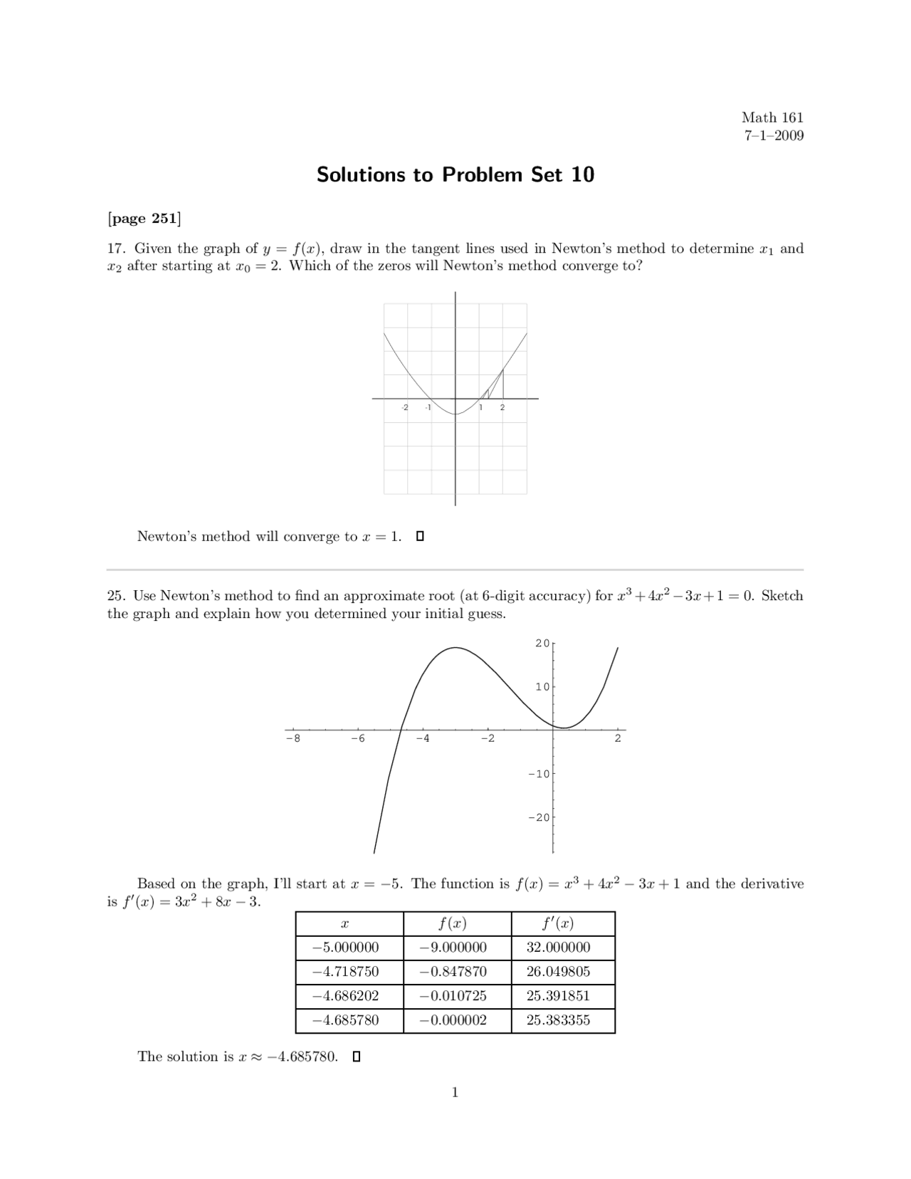 Solutions for Problem Set 10 - Calculus 1 | MATH 161 - Docsity
