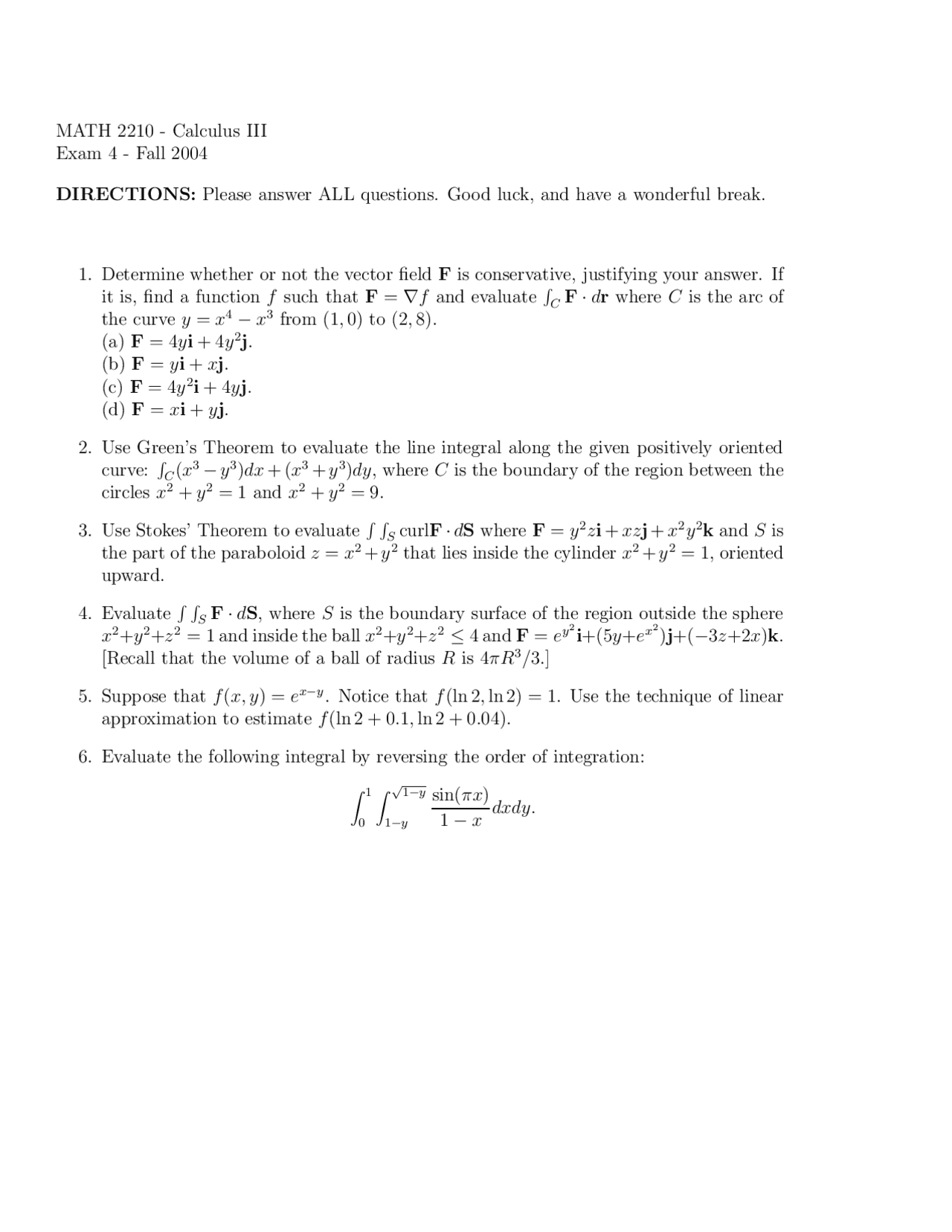 6 Problems for Exam 4 - Calculus III | MATH 2210 - Docsity