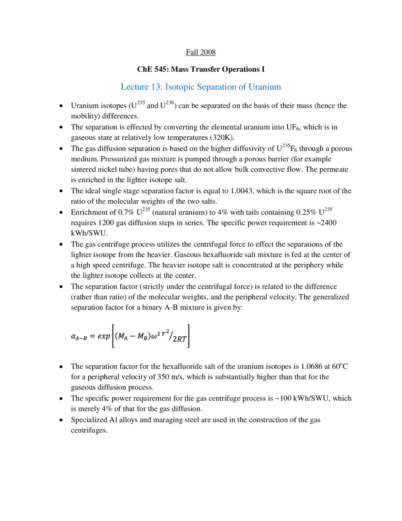 Isotopic Separation of Uranium - Lecture Notes | CHE 545 - Docsity