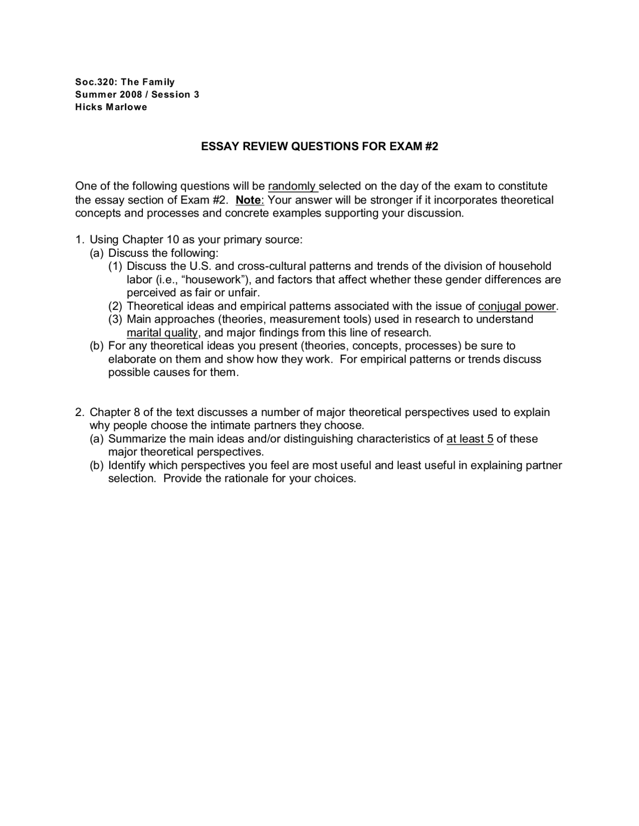 Review Questions for Exam II - The Family | SOC 320 - Docsity