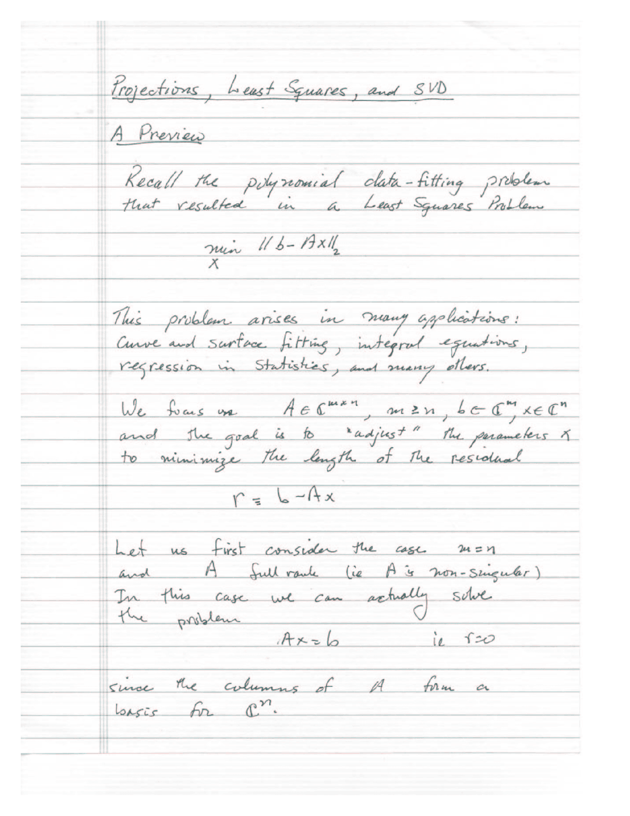 Notes On Projections Least Squares And Svd Caam 551 Docsity