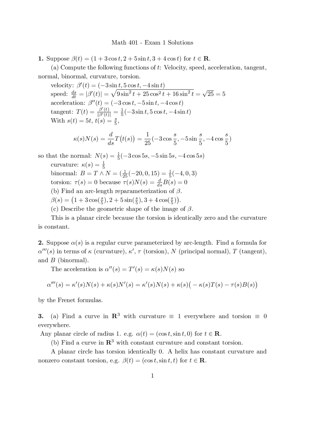 Exam 1 Solutions For Differential Geometry Math 401 Docsity