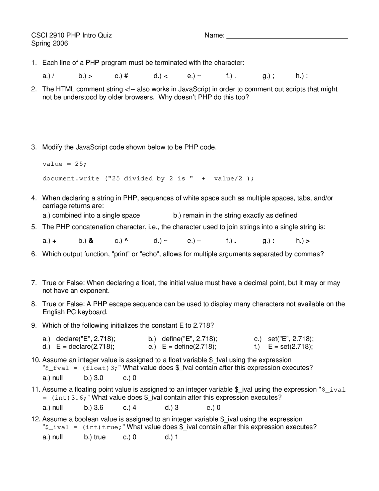 Unsolved Multiple Choice Questions Quiz Csci 2910 Docsity