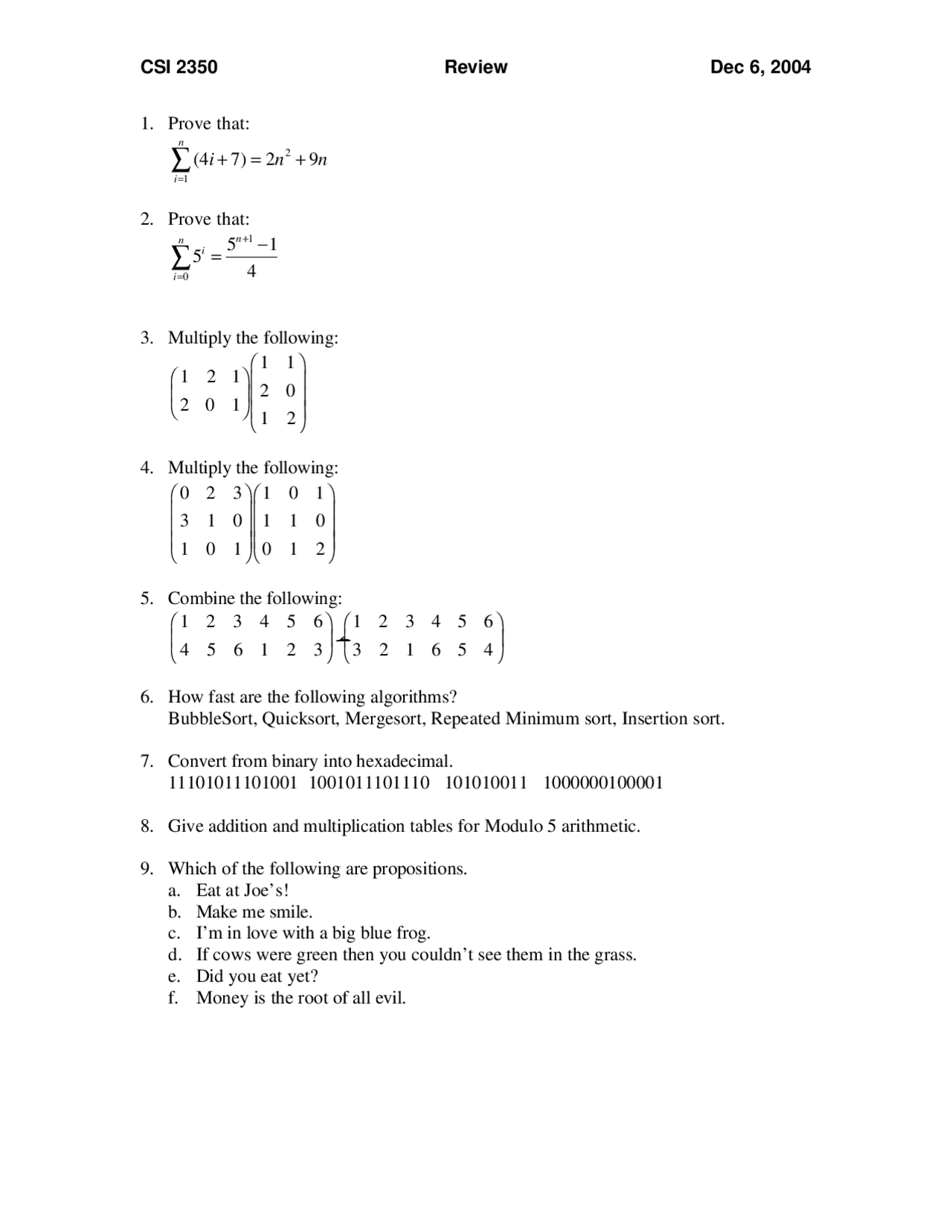 Review Sheet For Discrete Structures Csi 2350 Docsity