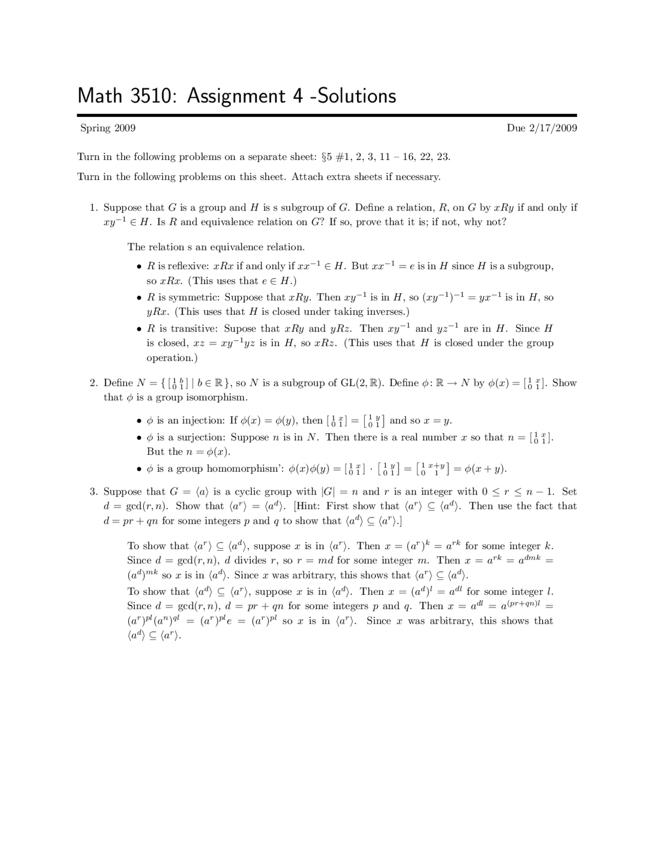 3 Solved Problems On Abstract Algebra Assignment 4 Math 3510 Docsity