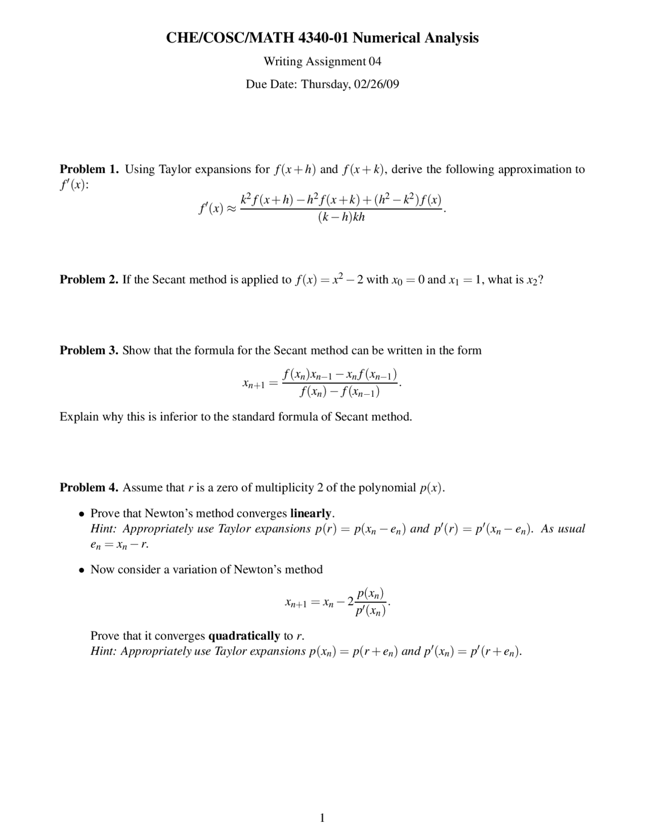 Assignment 4 Problems Numerical Analysis Math 4340 Docsity