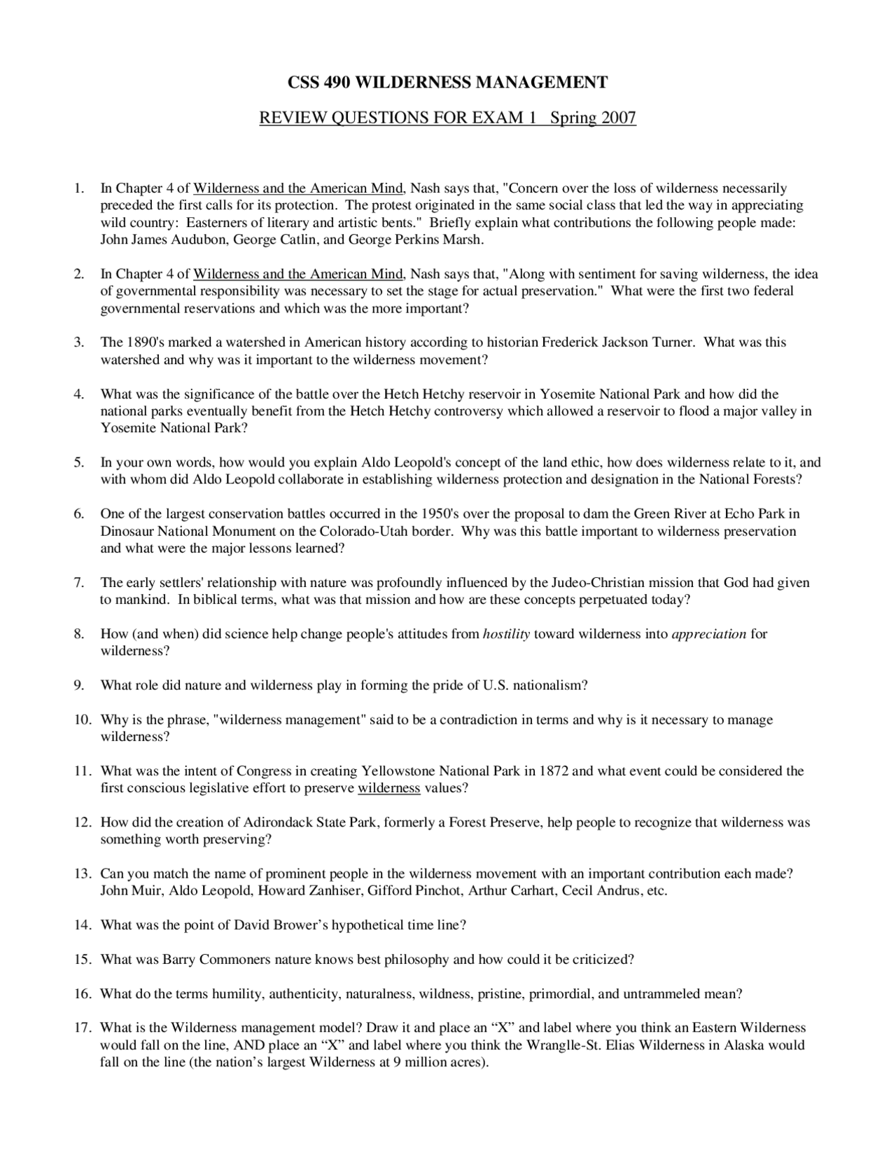 Review Questions For Exam 1 Wilderness And Protected Area Management