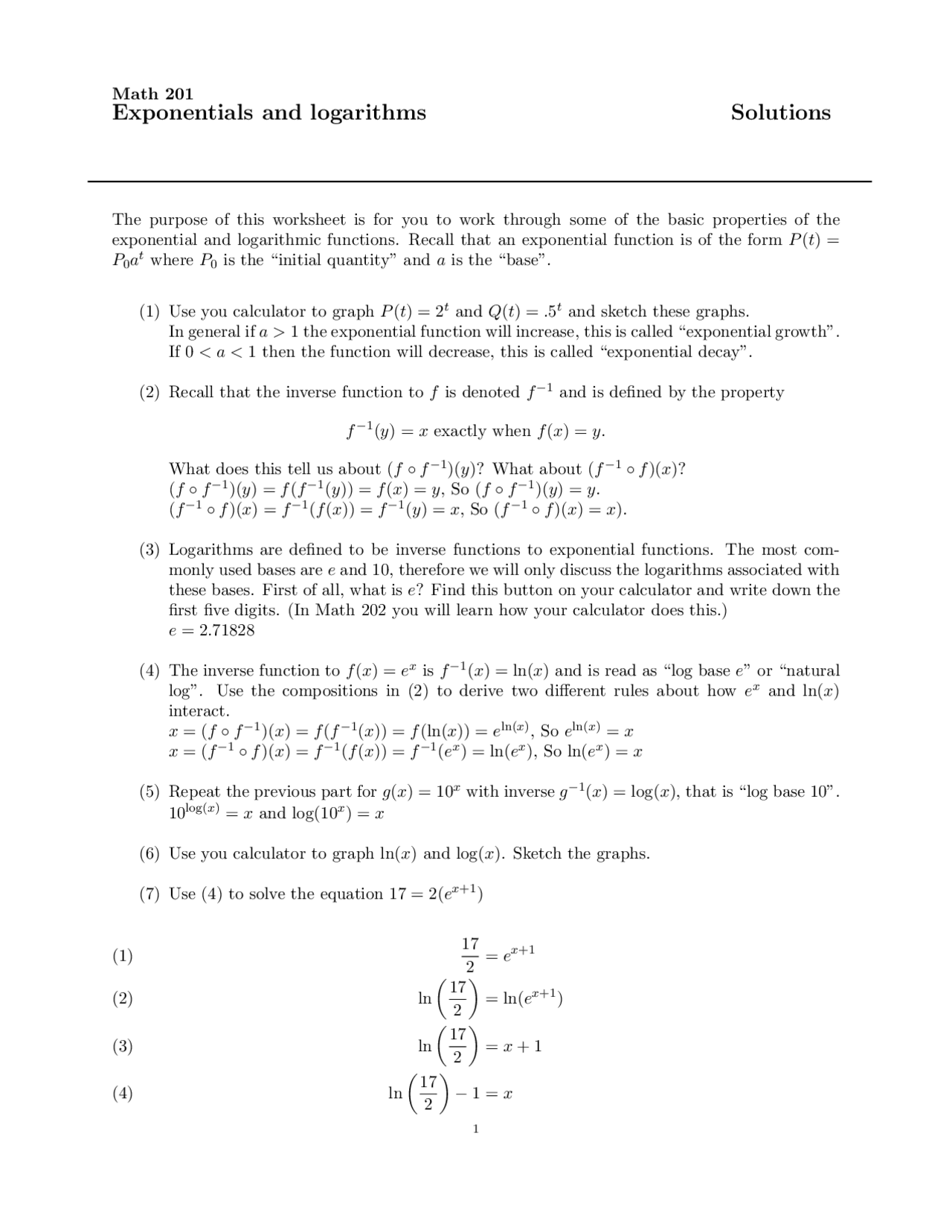 Exponentials and Logarithms - Assignment with 11 Problems | MATH 201 ...