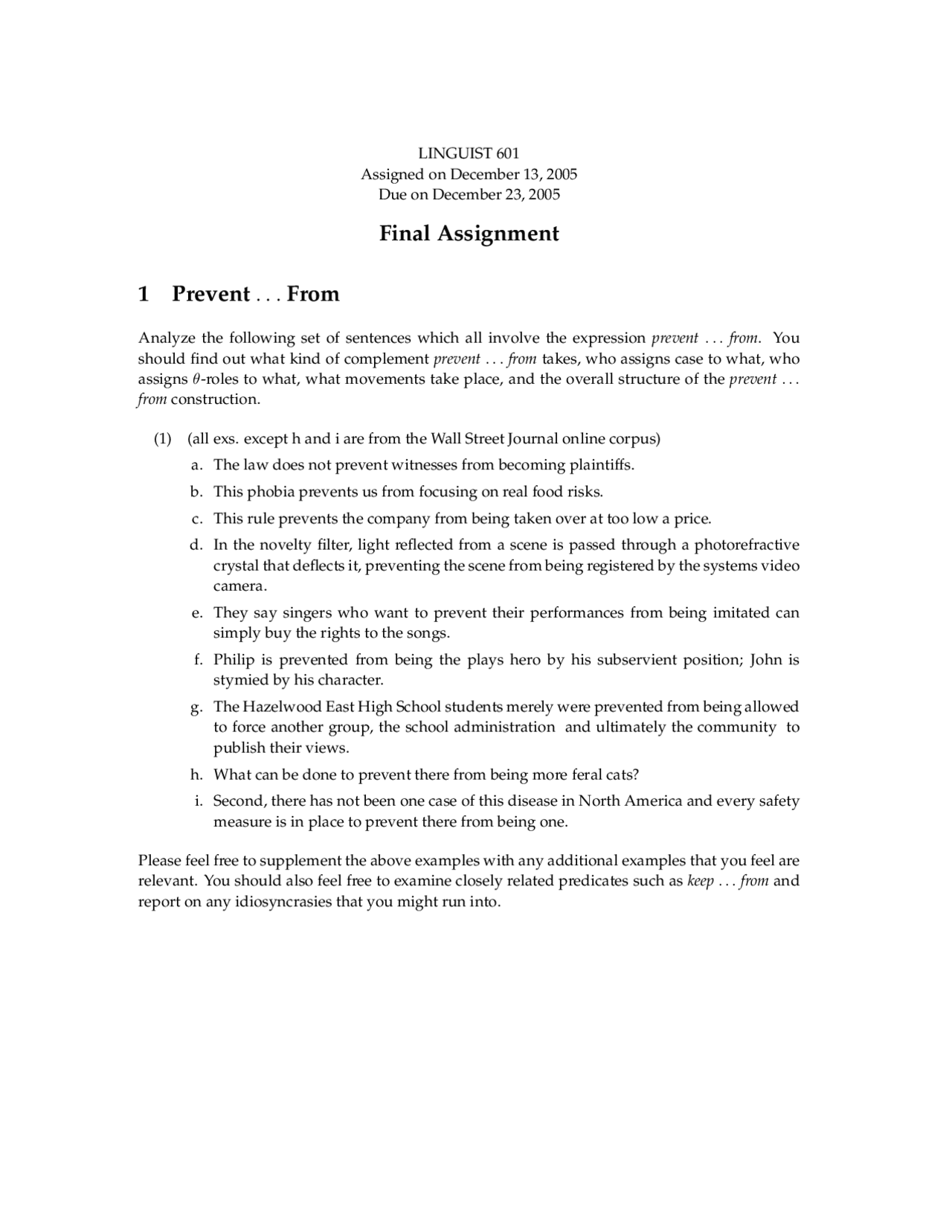 Final Assignment Introduction To Transformational Grammar Fall 2005