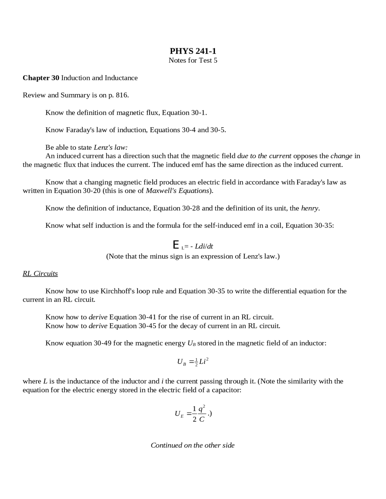 Induction And Inductance Lecture Notes Phys 241 Docsity