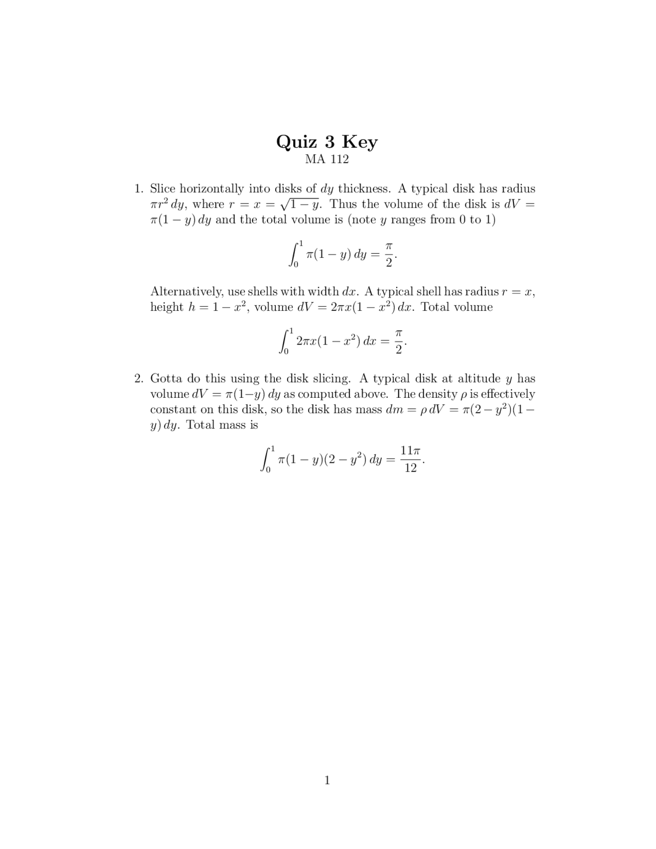 Sample Quiz 3 With Answer Key Calculus Ii Ma 112 Docsity